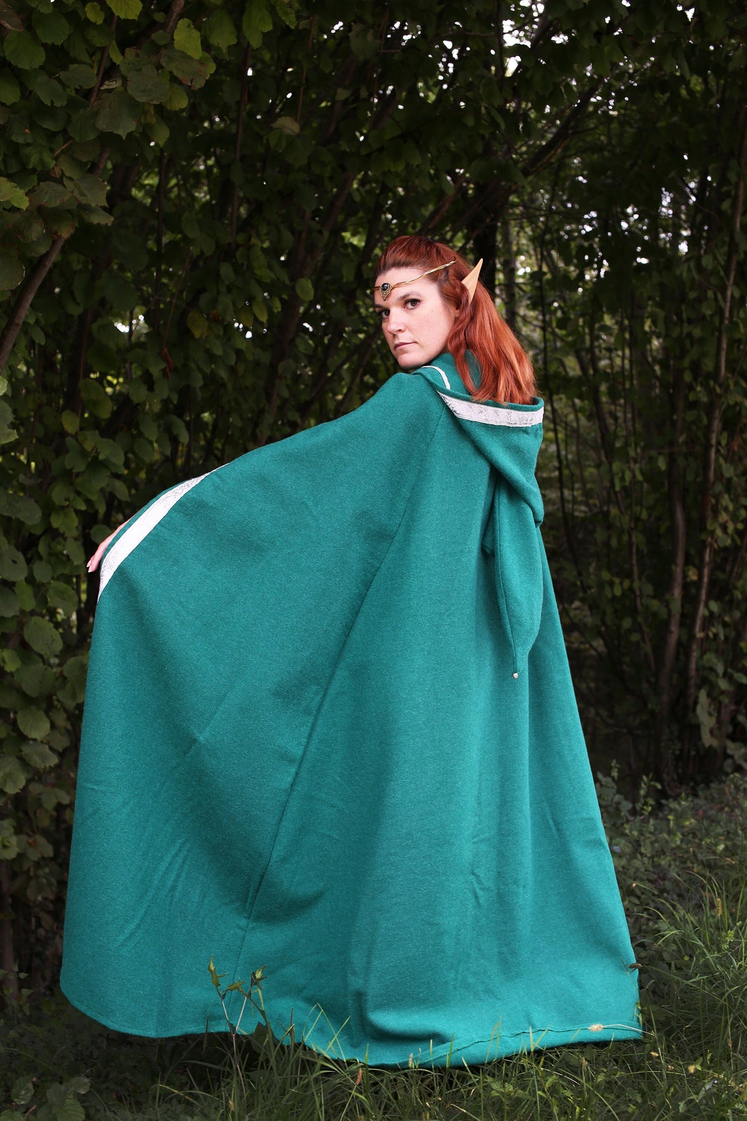Imperial Elven Cloak Warm Wool LARP Fantasy Green and Silver Wide Hood ...
