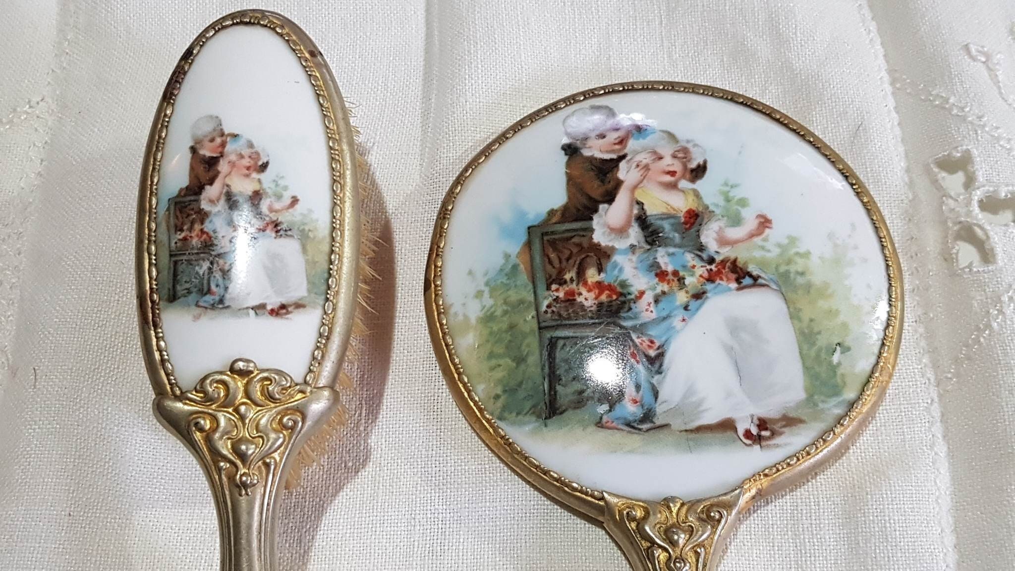 Victorian/ Edwardian Child's Hand Mirror and Brush Set, Marked German ...