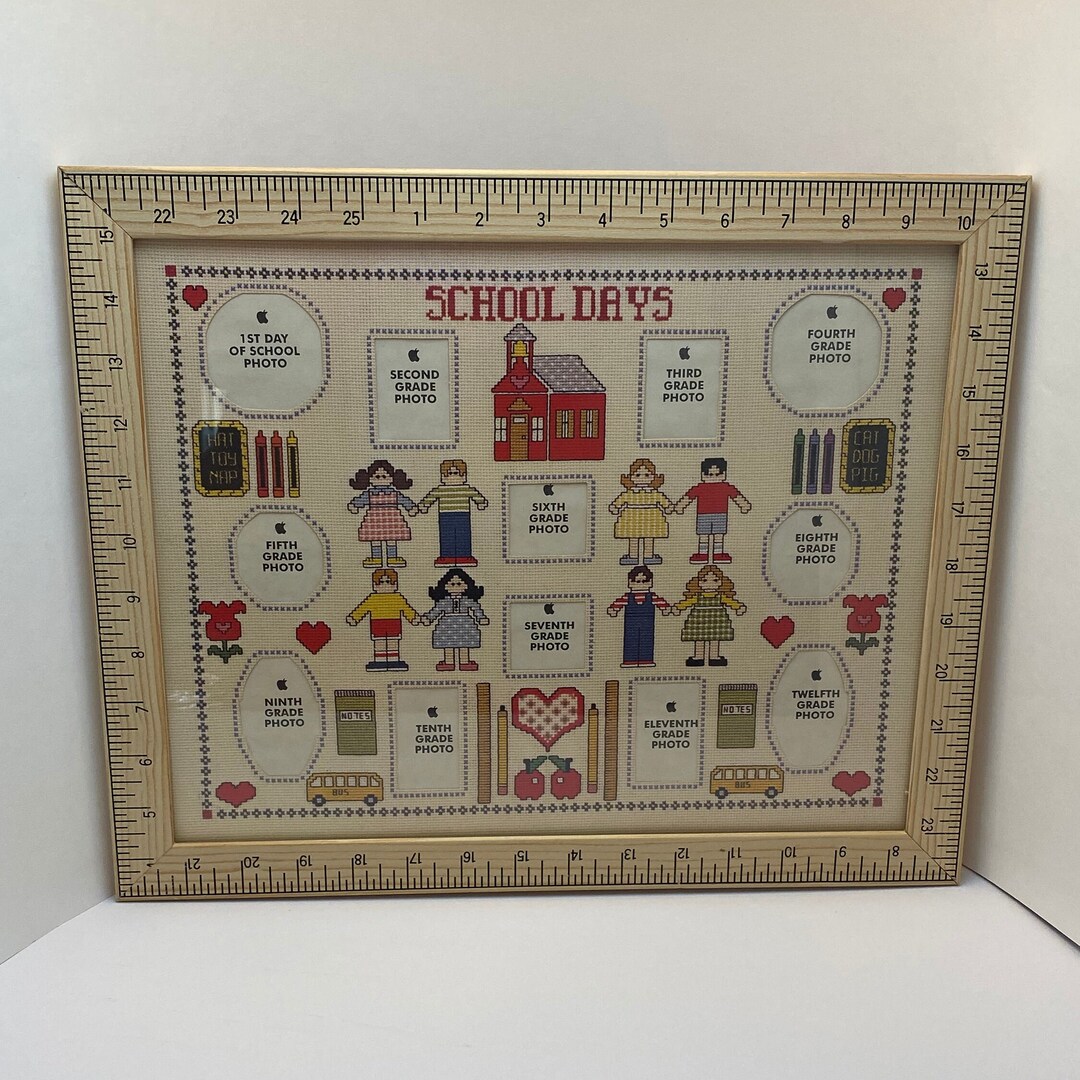 School Days Collectible Collage Frame Wood Ruler Cross Stitch Pattern ...