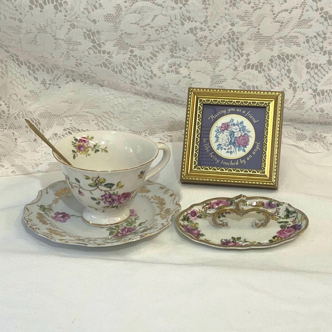 Vintage Style Tea Cup Gift Set Saucer, Spoon, Gold Color Framed Art ...