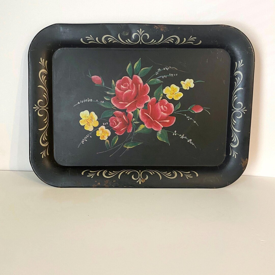 Large Vintage Tin Tray Roses Coffee Table Decor Gift Idea Mantel ...