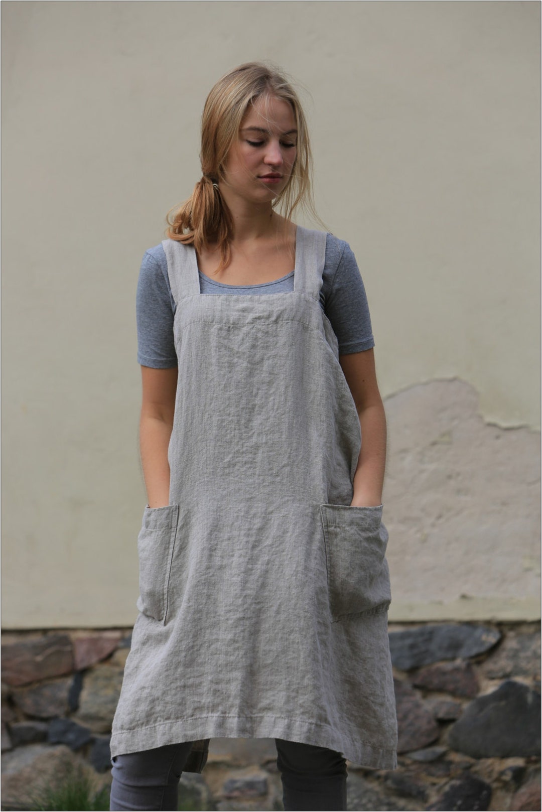 Linen Pinafore Apron, Linen Apron Dress, Square Cross Linen Apron, Wrap ...