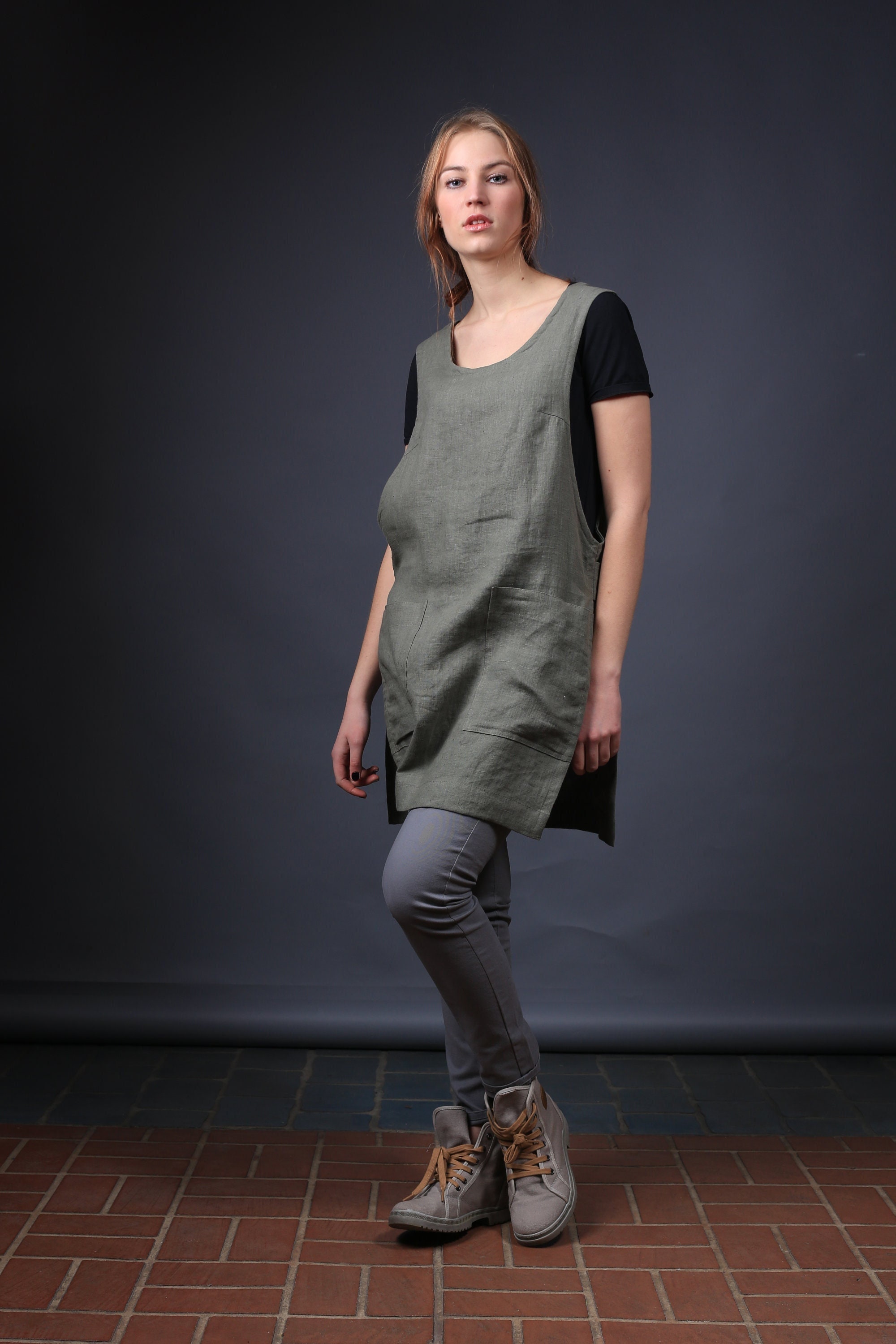 Linen Apron / Linen Tunic With Pockets / Linen Apron Dress / Full Linen ...