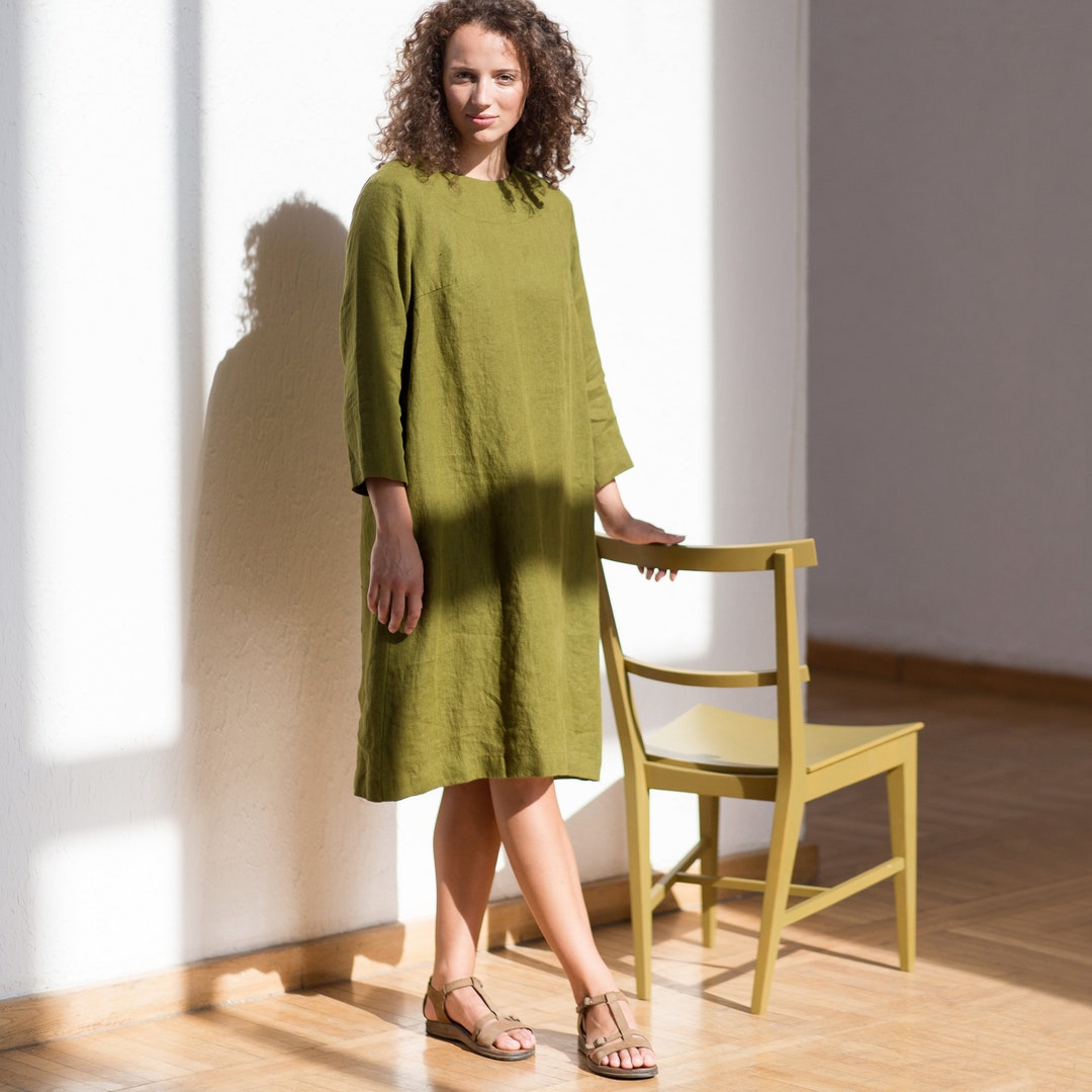 Loose Fit Linen Dress Camila / Washed and Soft Linen Dress / Boat Neck ...