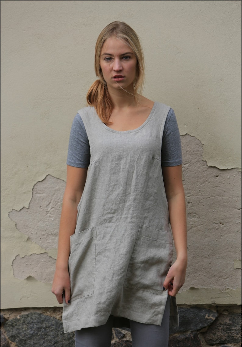 Linen apron / Linen tunic with pockets / Linen apron dress / | Etsy