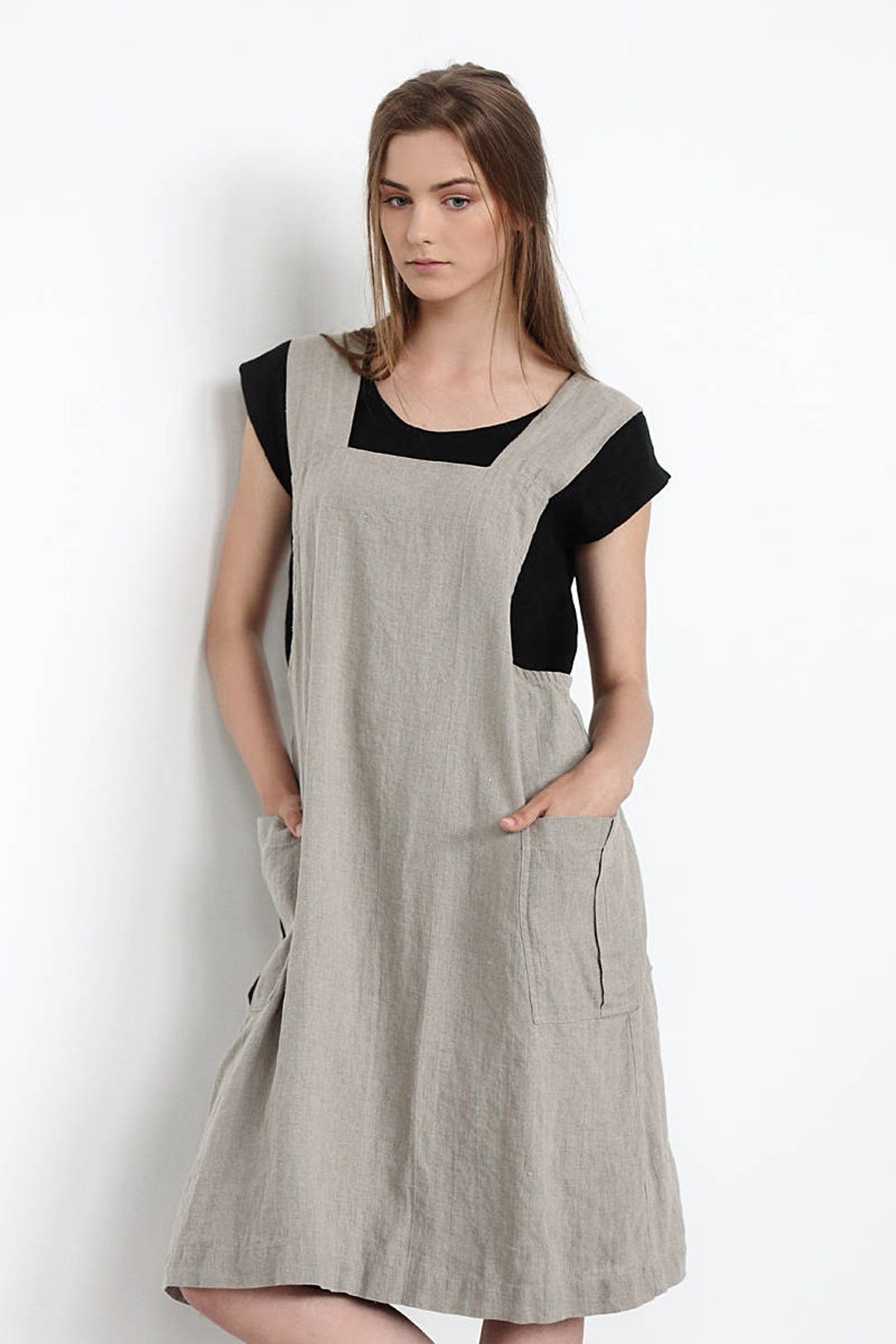 Linen Apron Dress, Linen Tunic, Linen Pinafore Apron, Cross-back Linen ...