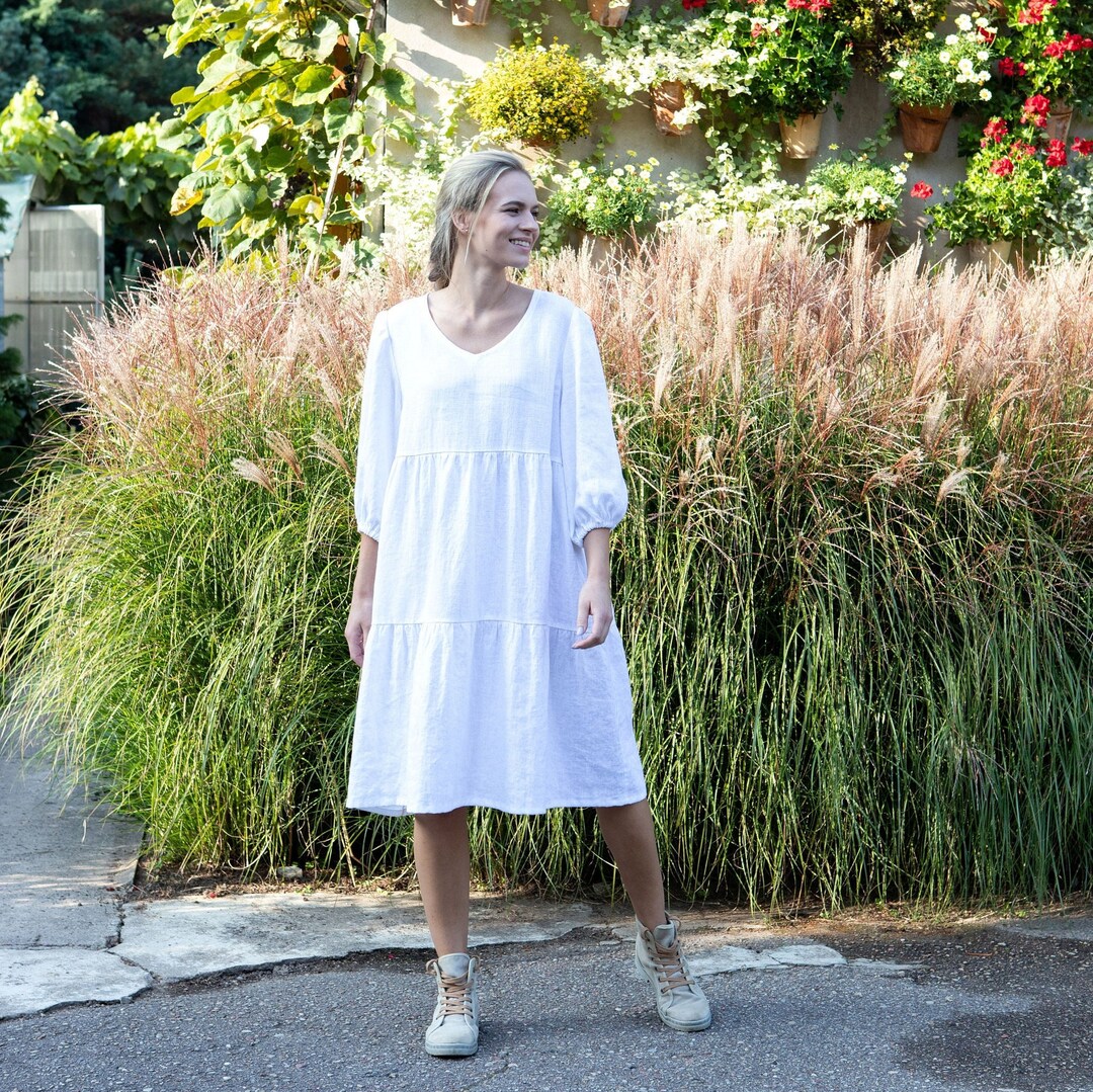 Linen Dress, Puffy Sleeve Linen Dress, Loose Linen Dress, Linen Dress ...