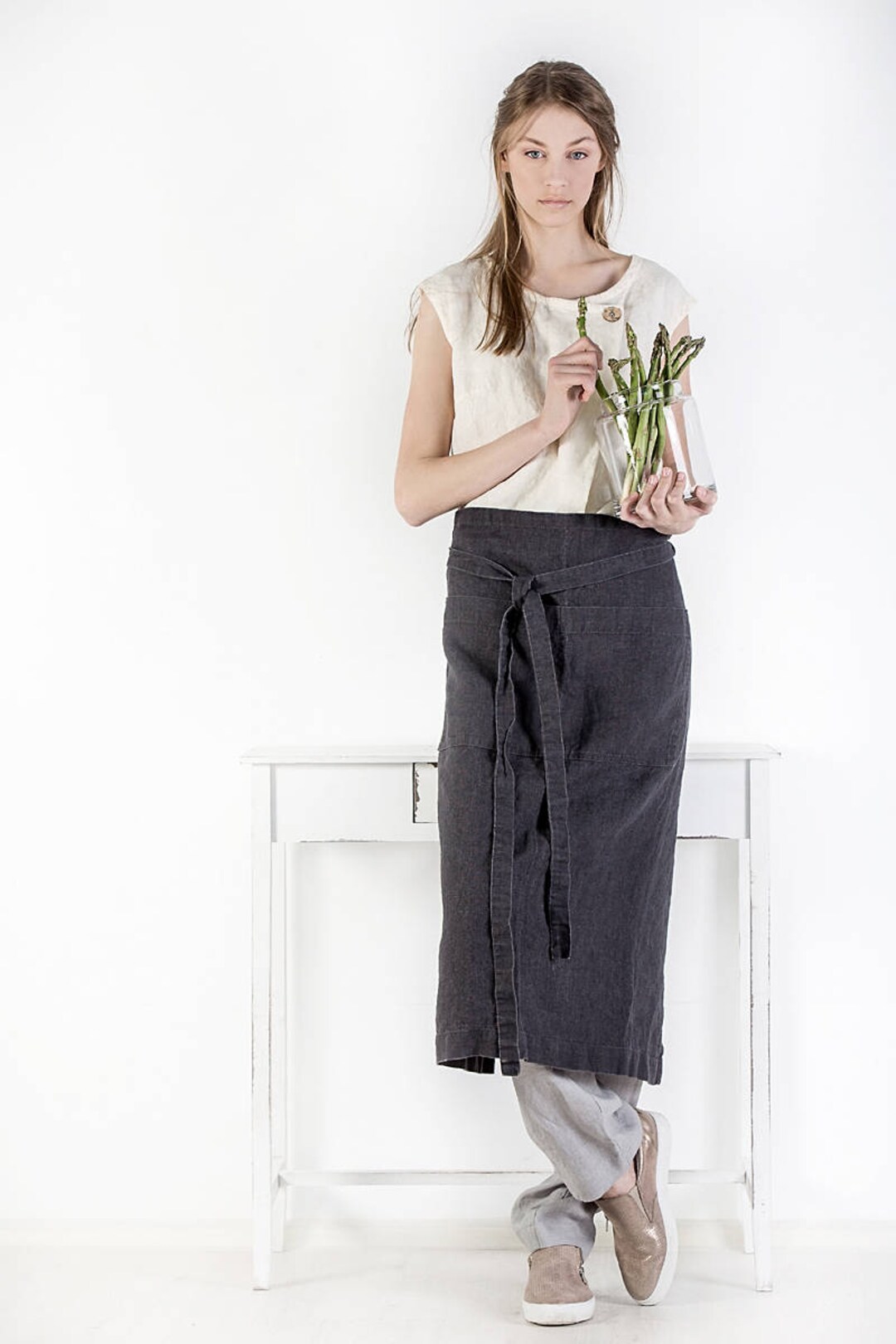 Long Linen Apron, Linen Apron, Half Apron, Natural Flax Aprons, Cooking ...