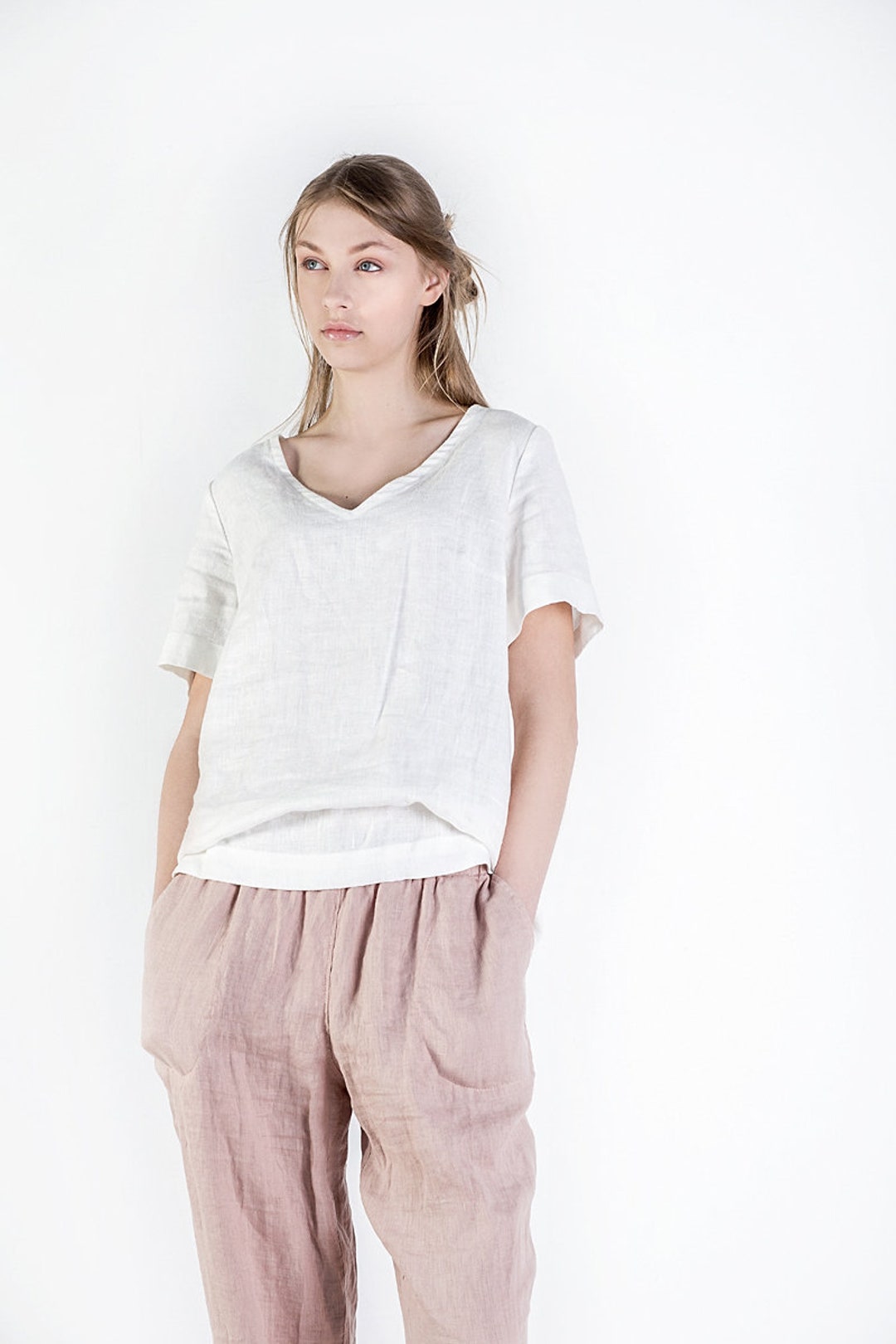 Linen Top / Washed Linen Top / Linen Blouse / V Neck Linen Top - Etsy