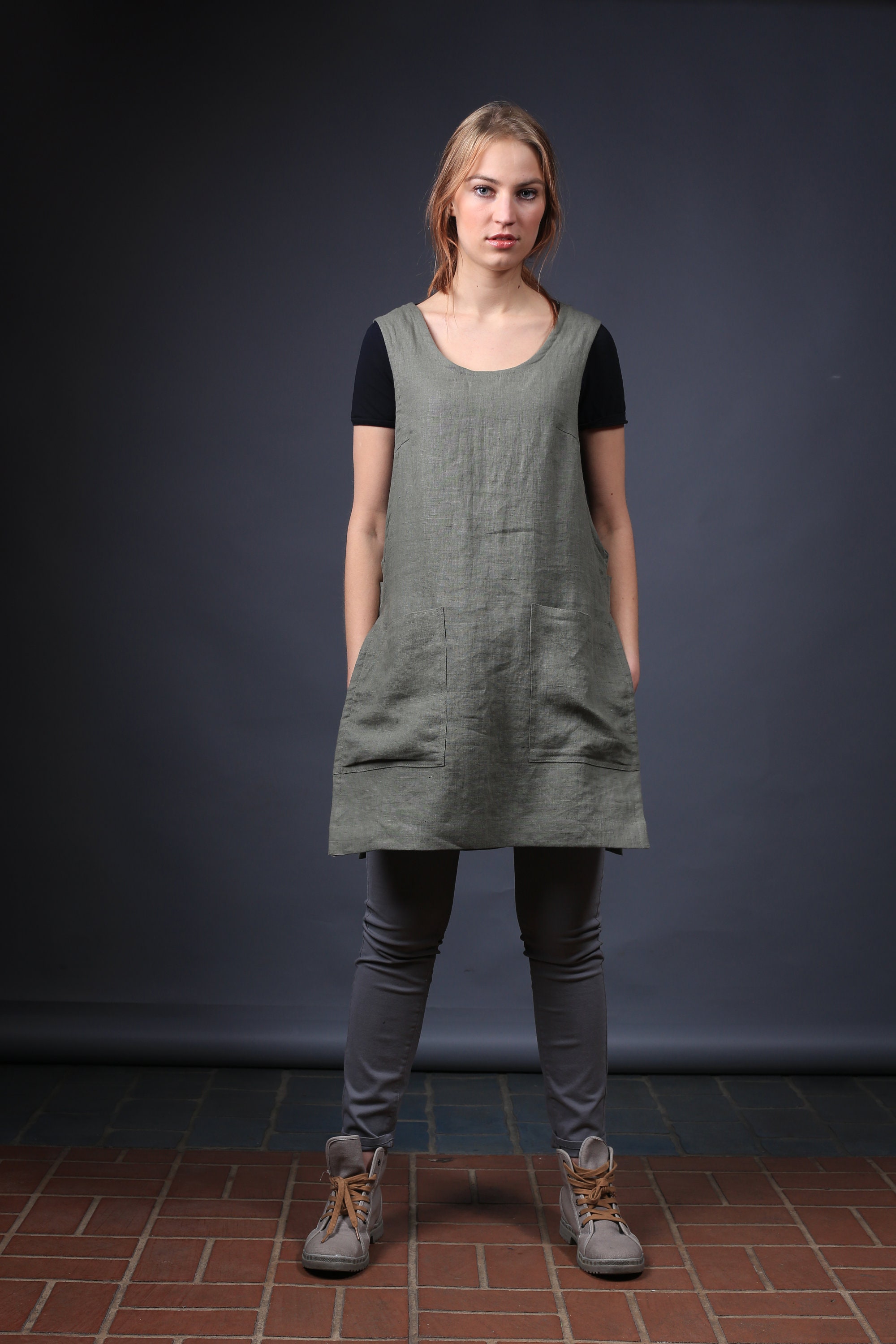 Linen Apron / Linen Tunic With Pockets / Linen Apron Dress / Full Linen ...