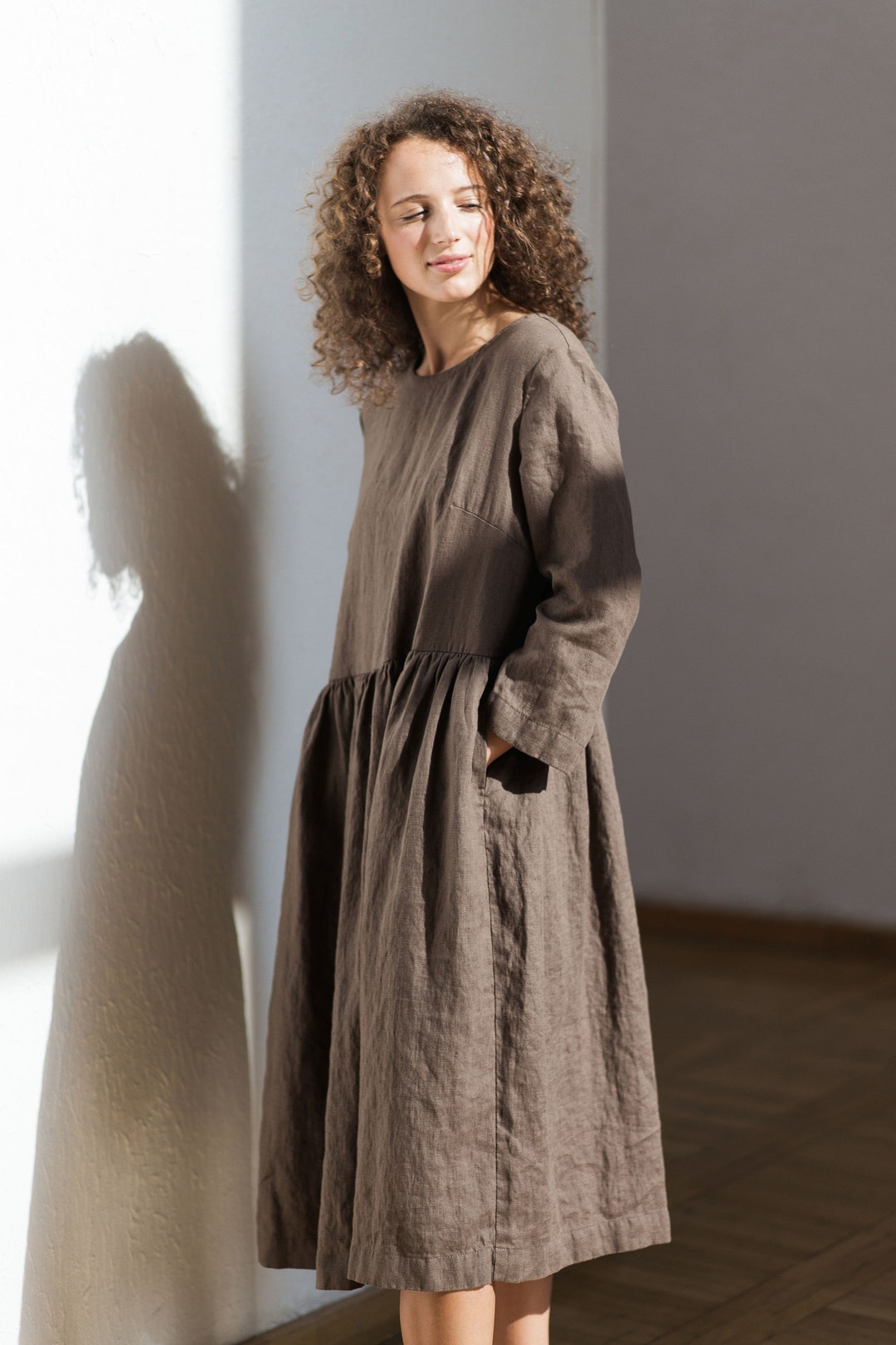 Linen Dress With Long Sleeves Layla / Washed Linen Dress With Pockets ...