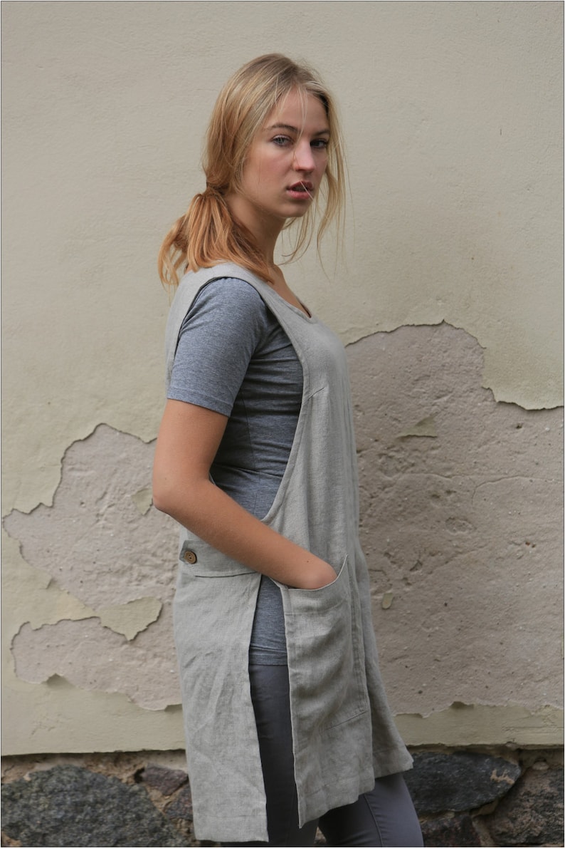 Linen apron / Linen tunic with pockets / Linen apron dress / | Etsy