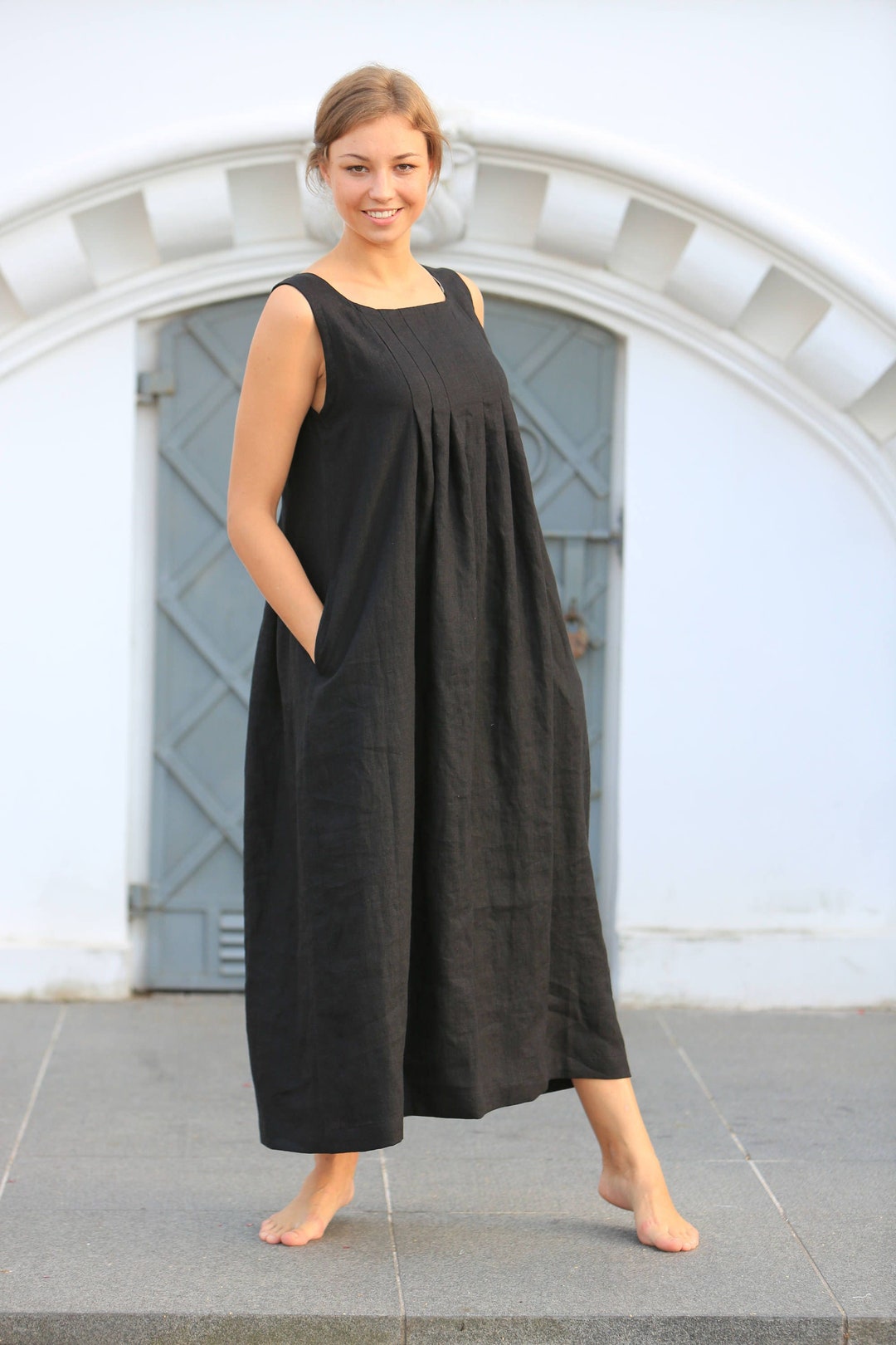 Maxi Linen Dress, Swing Linen Dress, Pleated Land Draped Linen Dress ...