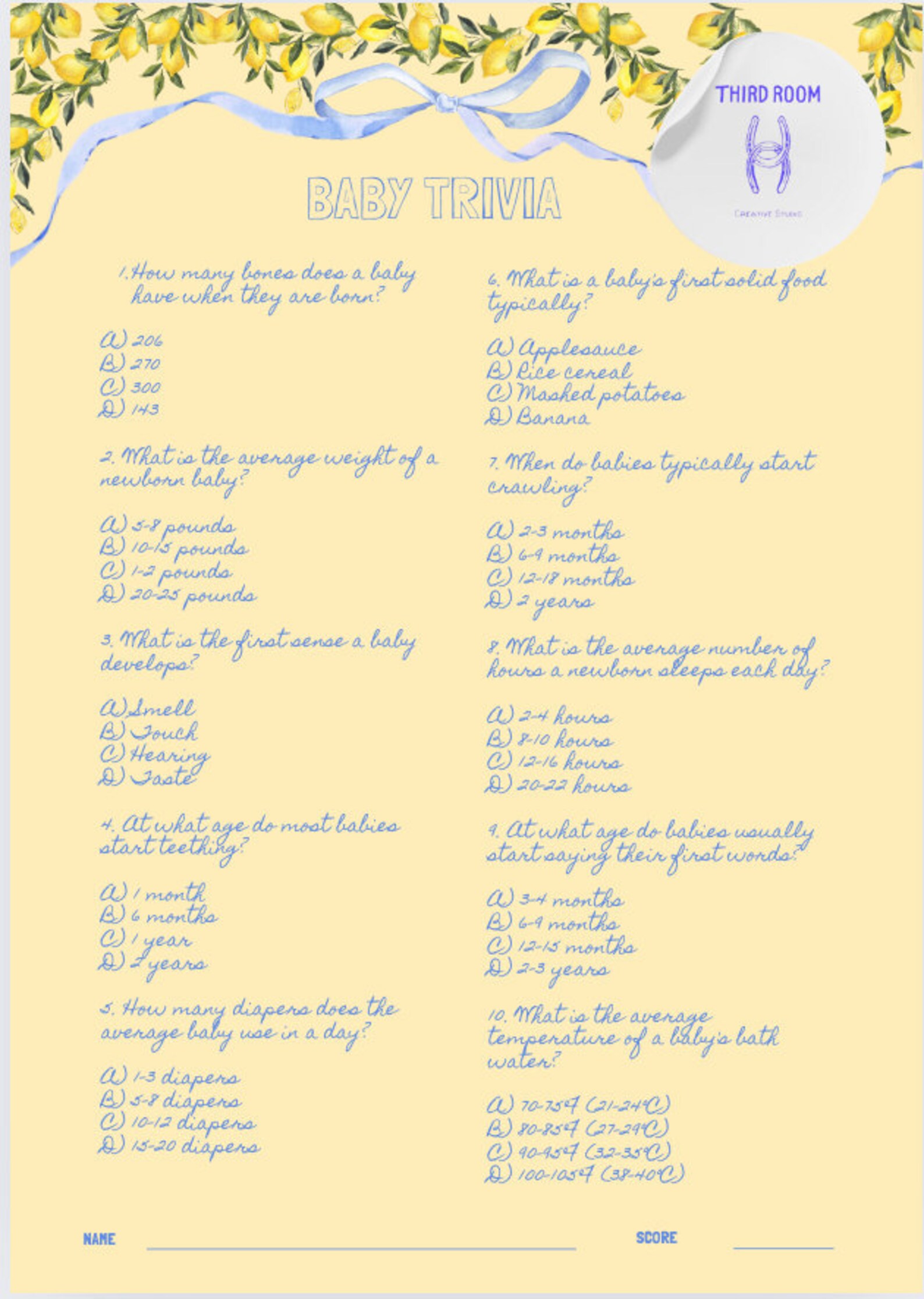 Sicilian Lemon Baby Boy Baby Shower Trivia Game | Digital Download ...