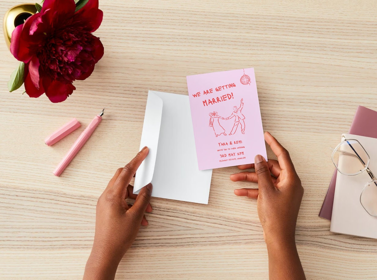 Hand Drawn Doodle Wedding Invitation Template Fun Unique Pink Red ...
