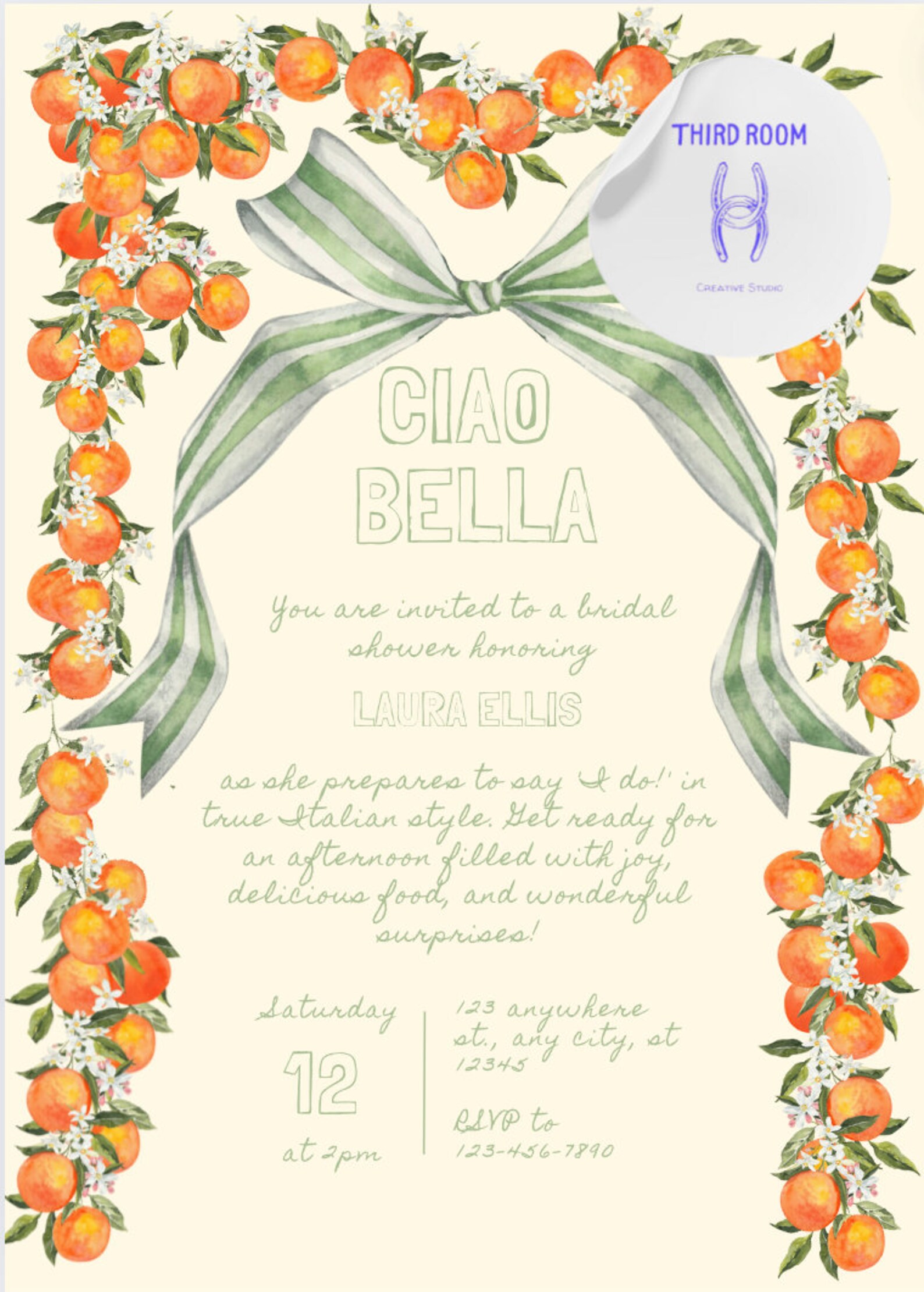 Italian Themed Bridal Shower Invitation - Ciao Bella Orange Blossom ...