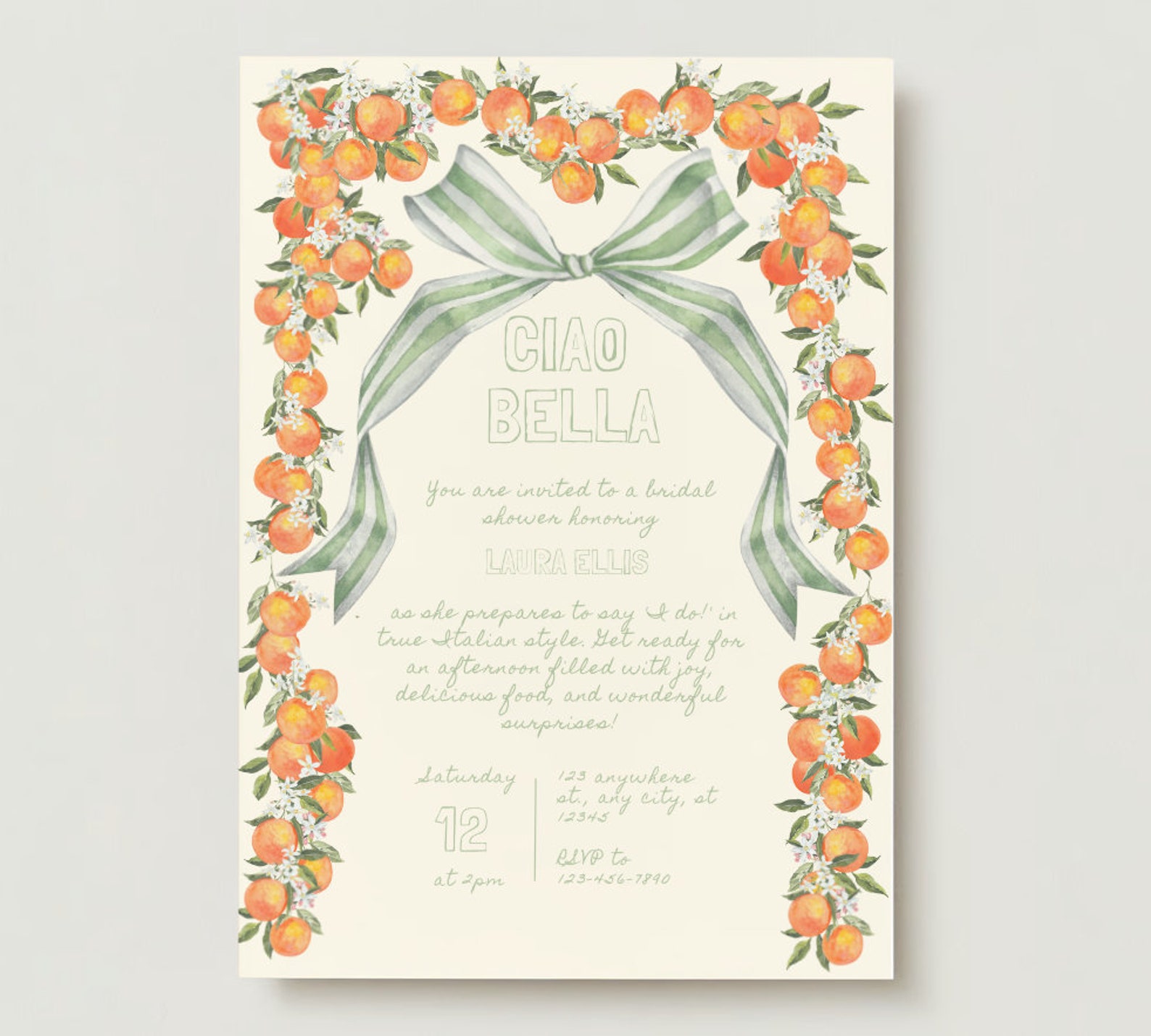 Italian Themed Bridal Shower Invitation - Ciao Bella Orange Blossom ...