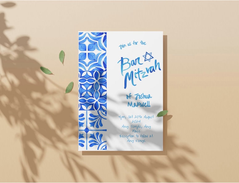 Blue Watercolor Bar Mitzvah Invitation Template Editable Digital ...