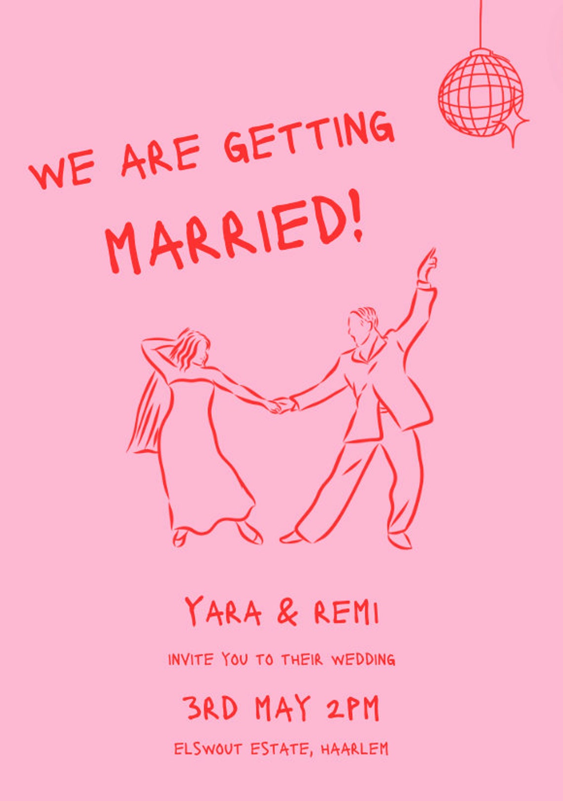 Hand Drawn Custom Illustration Disco Theme Wedding Suite Pink and Red ...