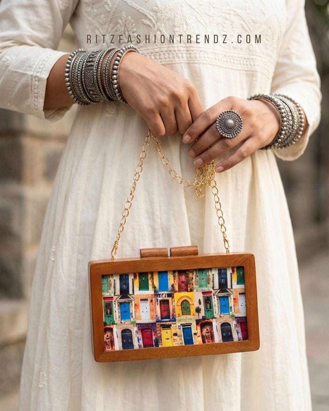 Wooden Box Clutch With Colorful Doors Print | Boho Statement Evening ...