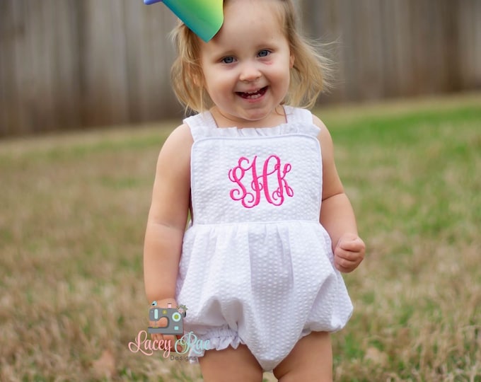 Monogrammed Infant or Toddler Seersucker Bubble Romper, White Easter Bubble Romper, Spring ...