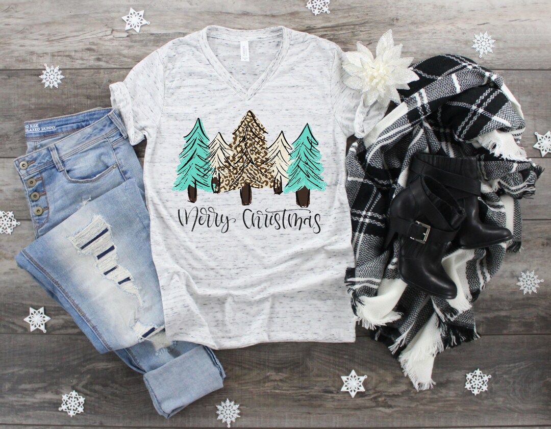 Leopard Christmas Tree Trio Graphic Tee, Ladies Christmas Shirt ...
