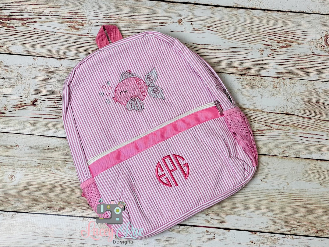 Girls Fish Seersucker Preschool Backpack, Blue, Personalized Toddler ...