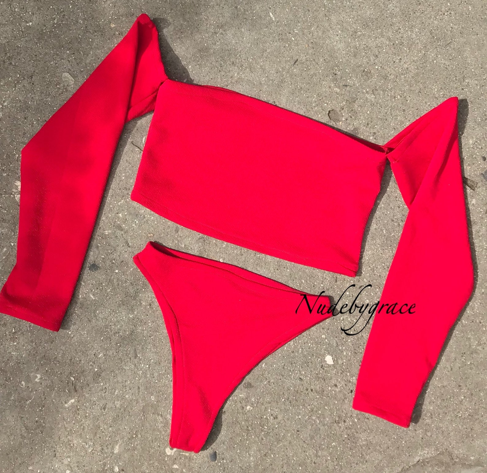 Red 2 Piece Set, Long Sleeve Bandeau Top, Bikini, Beachwear, Swimwear ...
