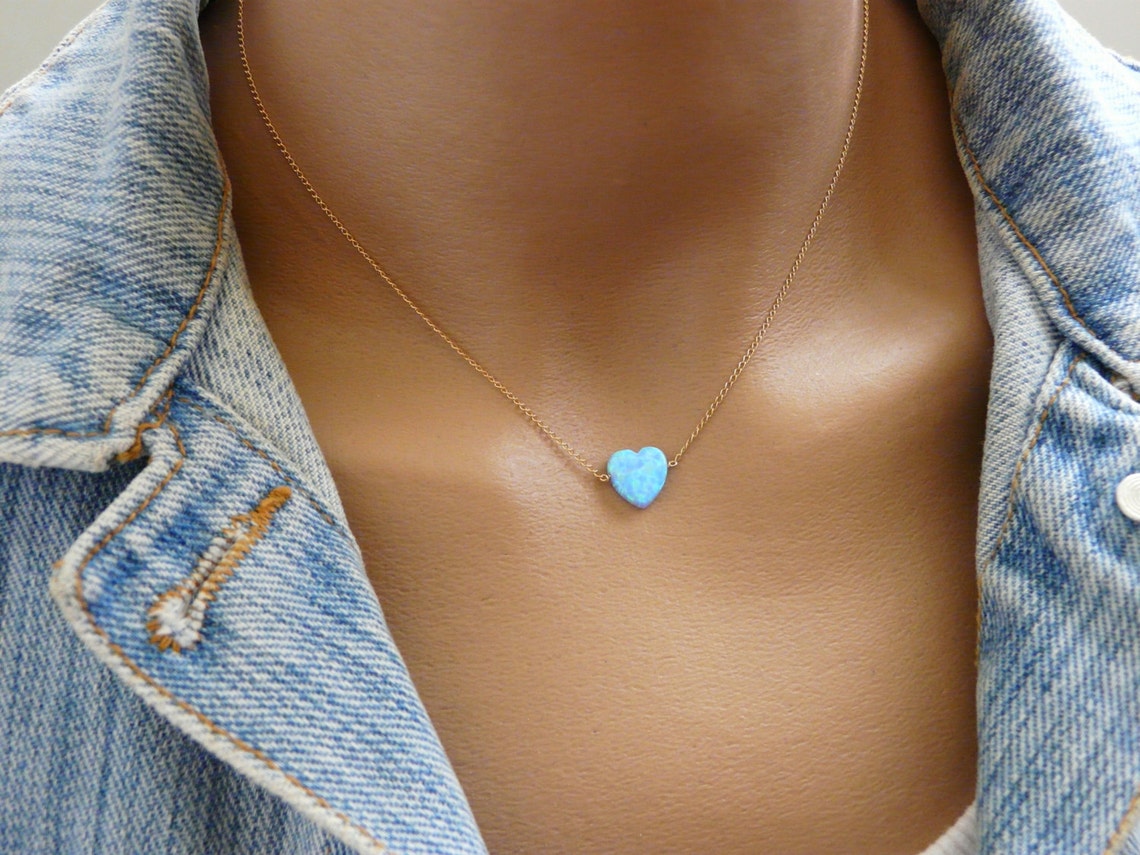 Opal Heart Necklace, Heart Necklace, Valentines Day Gift, Blue Heart ...