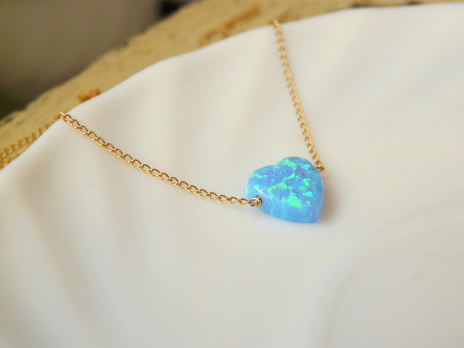 Opal Heart Necklace, Heart Necklace, Valentines Day Gift, Blue Heart ...