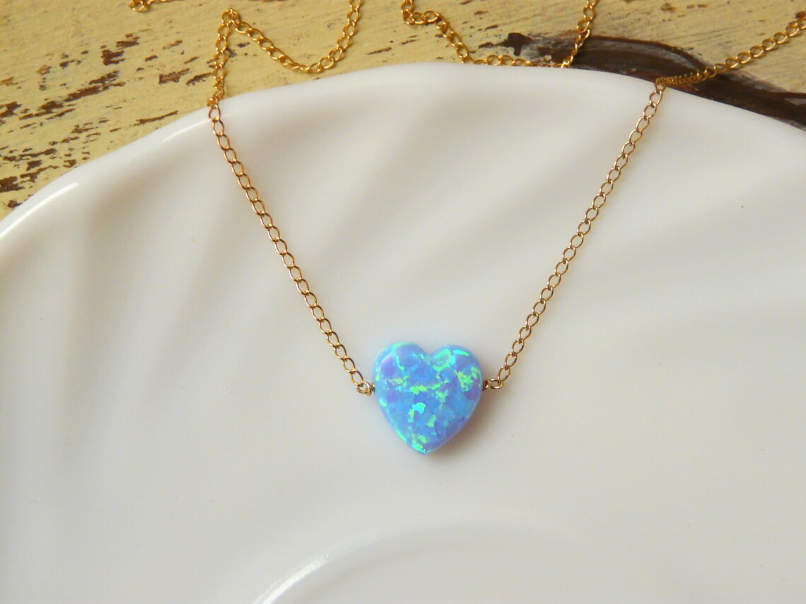 Opal Heart Necklace, Heart Necklace, Valentines Day Gift, Blue Heart ...
