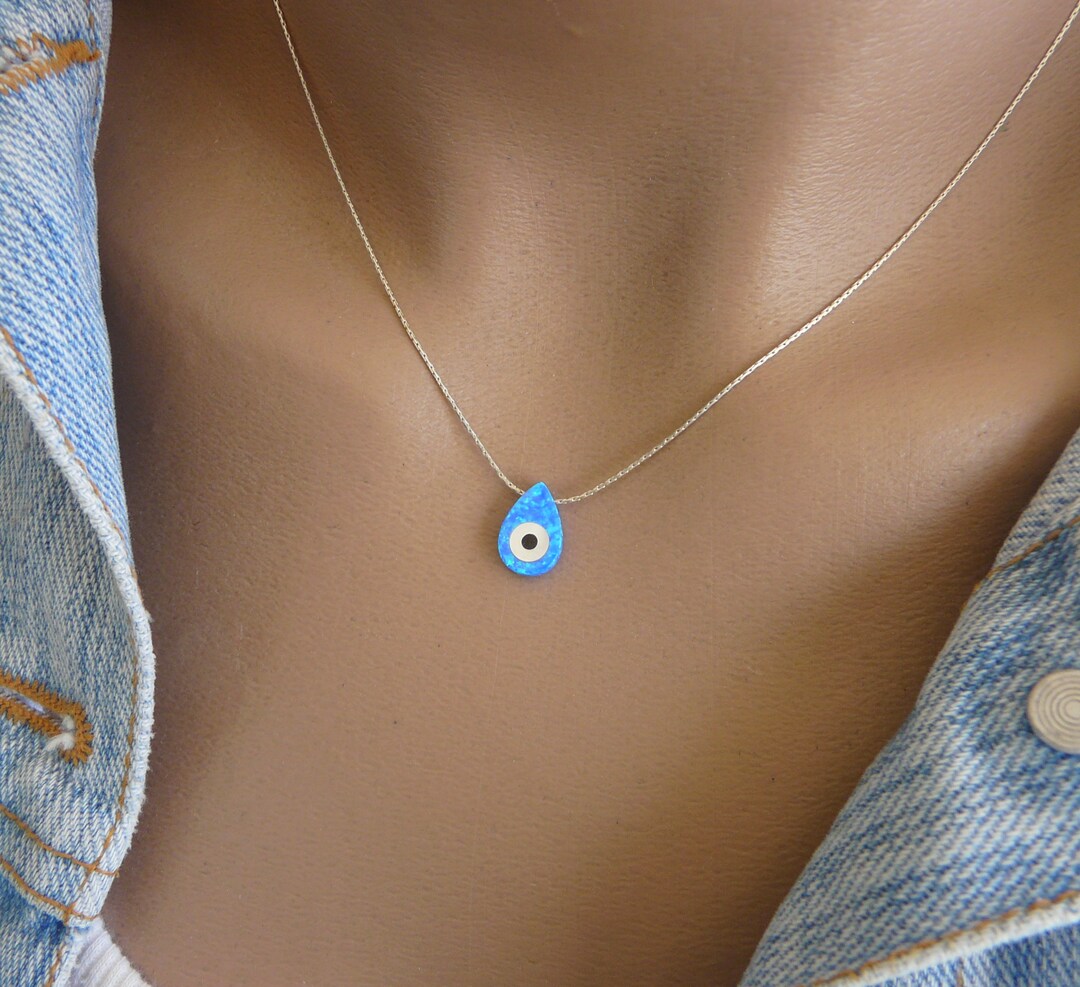 Evil Eye Tear Drop Necklace, Blue Drop Opal Pendant, Evil Eye Charm ...