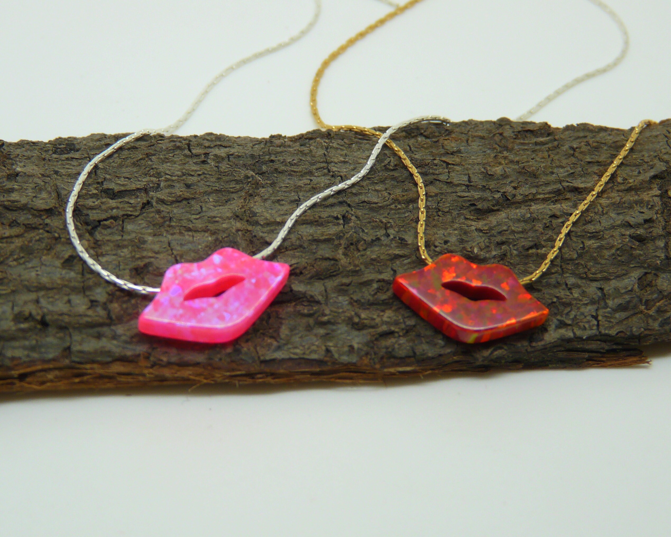 Lips Necklace Kiss Necklace Valentines Gift Pink Opal Lips - Etsy