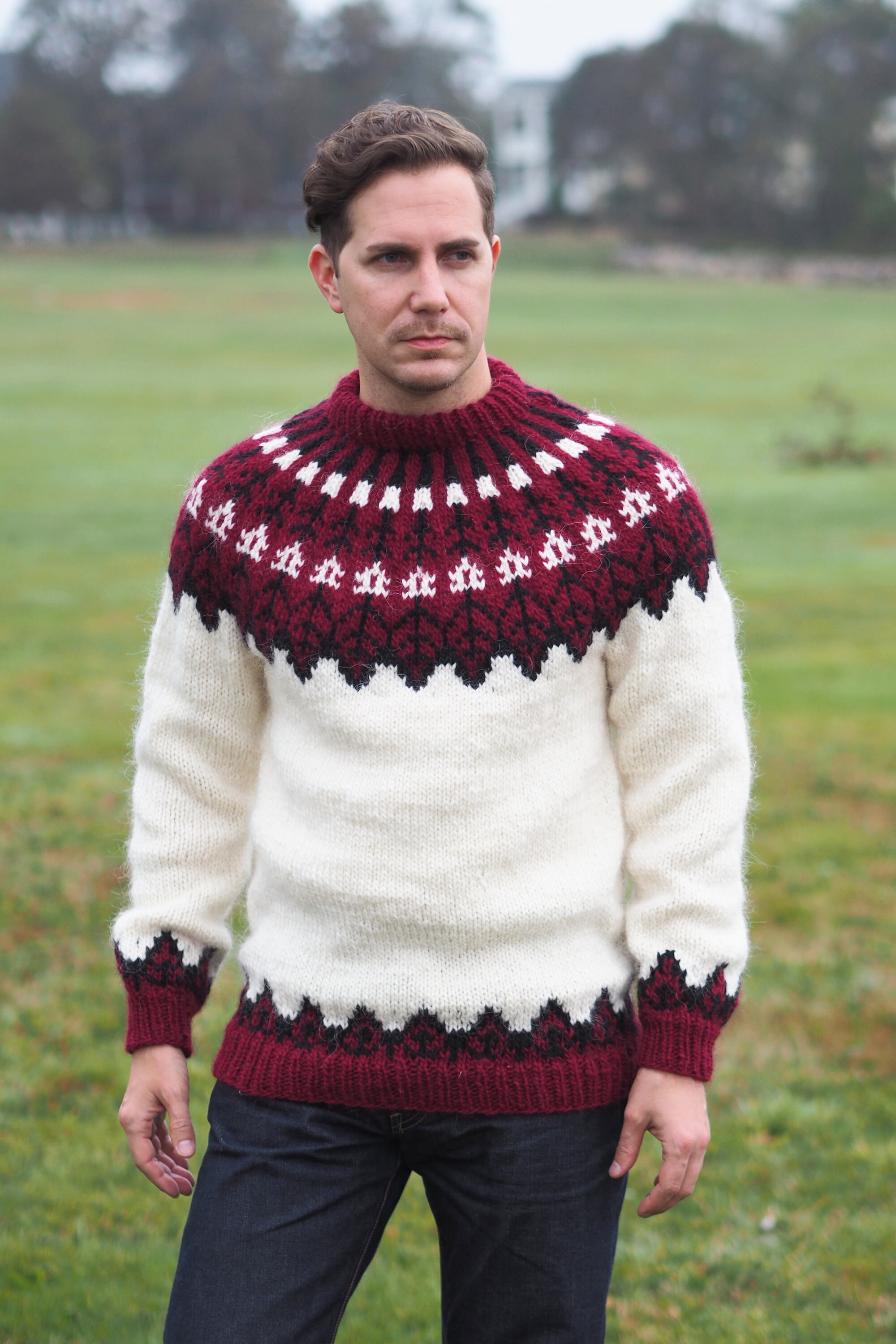 Fall Leaves Natural White Cranberry Red Icelandic Lopi Wool Sweater ...
