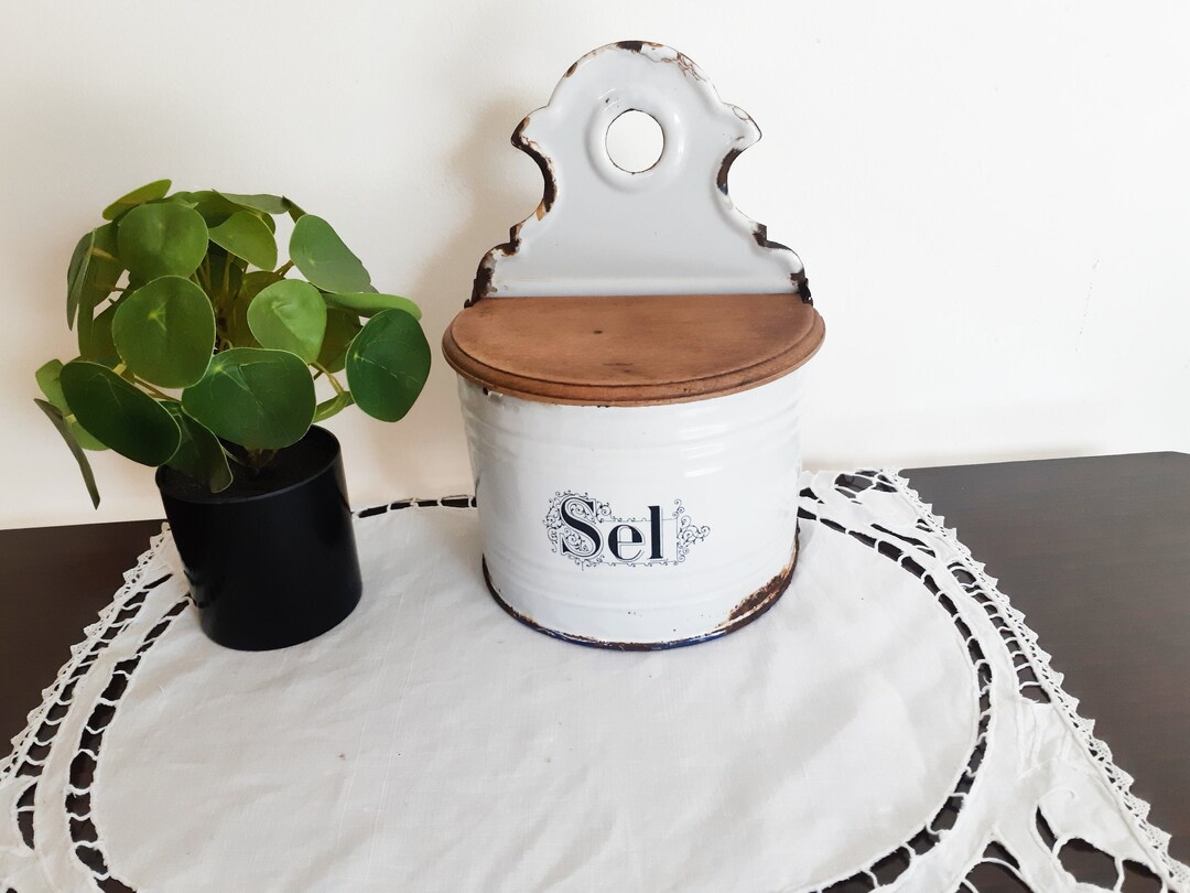 Antique Wall Salt Box, in White Enamel and Wood, French Vintage, 1930s ...