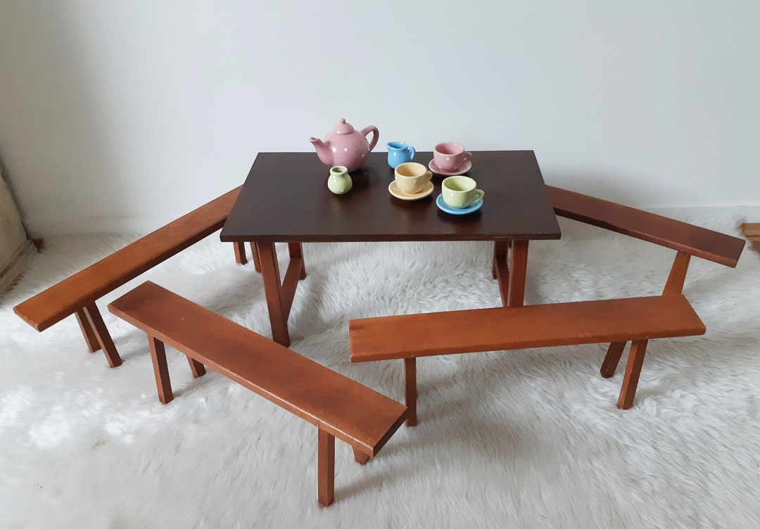 Vintage Doll Table and 4 Benches, Wooden, Dejou Doll Living Room ...