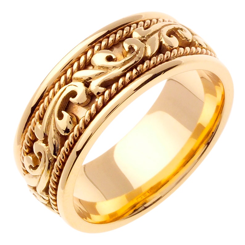 9mm Designer Solid Yellow Gold Hand Crafted Paisley Design, Comfort Fit ...