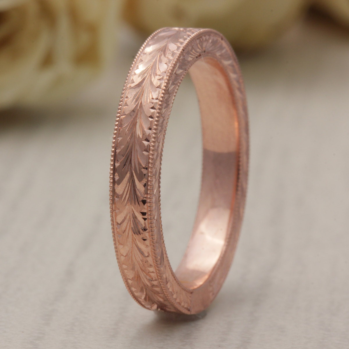 Rose Gold Hand Engraved Crafted Design, With Milgrain Sides, Flower and ...