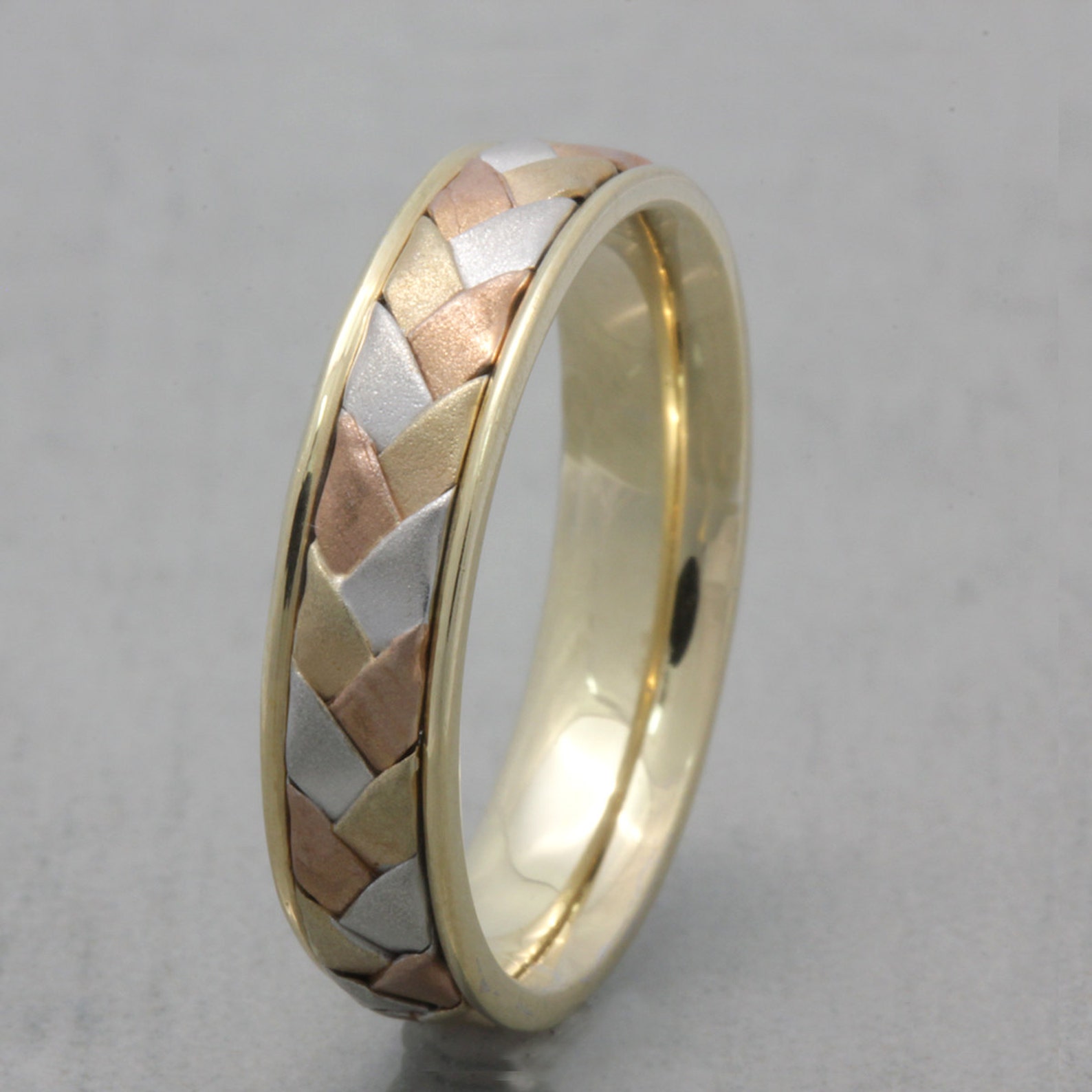 5mm 14K/18K Tri Color Gold Hand-woven Basket Weave Comfort Fit Wedding ...