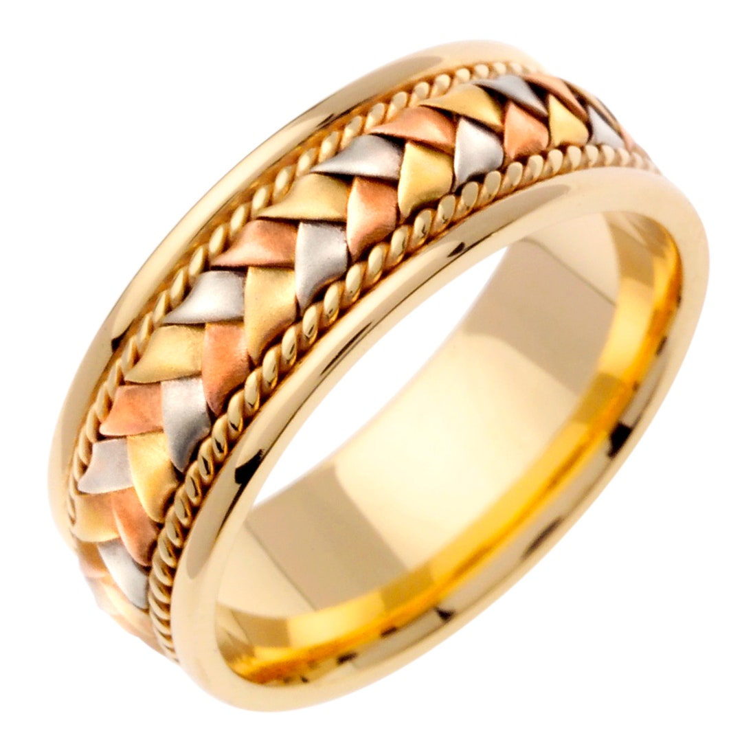 8mm Tri Color Gold Hand-woven Basket Weave Comfort Fit Wedding Band ...