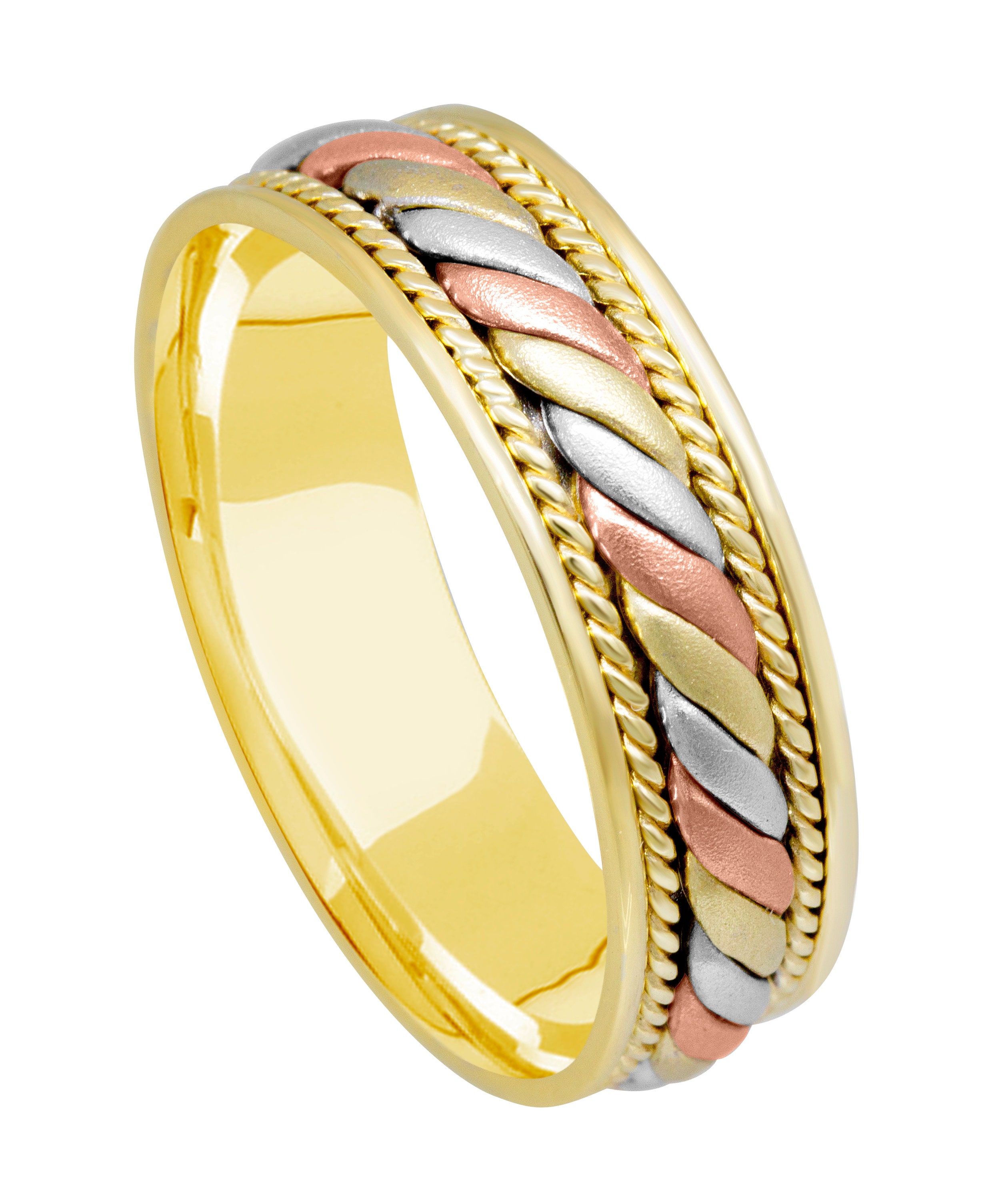 Tri Color Solid Gold Wedding Ring, Hand-woven Basket Weave Comfort Fit ...
