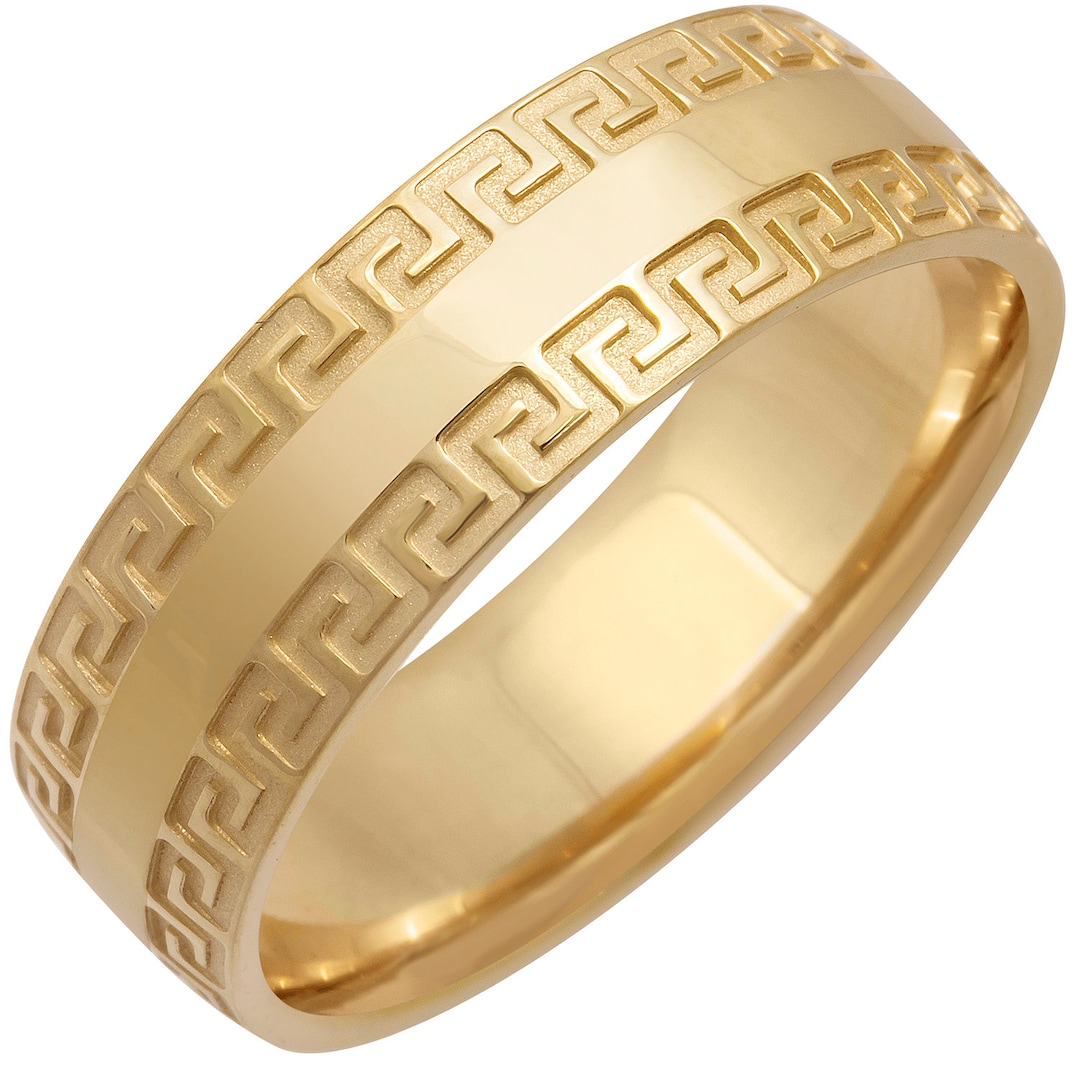 Unique Yellow Gold Designer Greek Key Wedding Band, Solid Gold Band ...