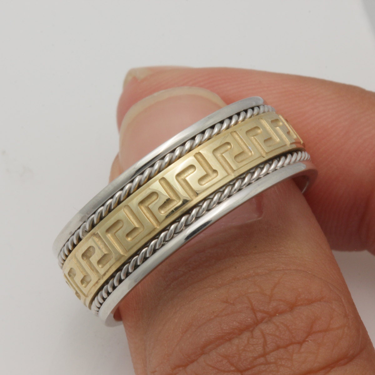 Two Tone Gold Designer Greek Key Wedding Band 8mm Yellow Gold | Etsy