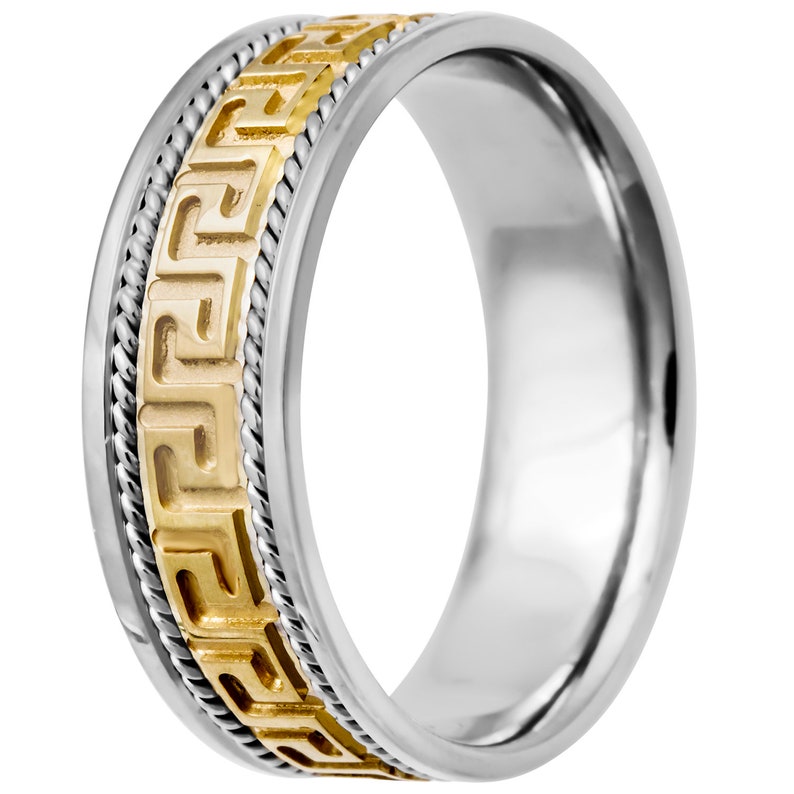 Two Tone Gold Designer Greek Key Wedding Band 8mm Yellow Gold | Etsy