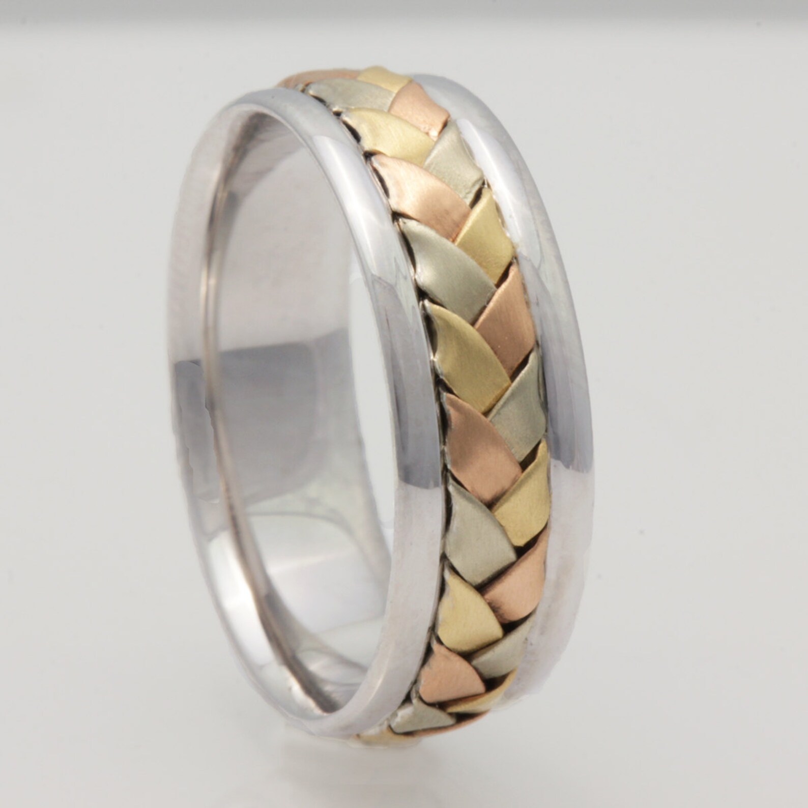 7mm Tri Color Gold Hand-woven Basket Weave Comfort Fit Wedding Band ...