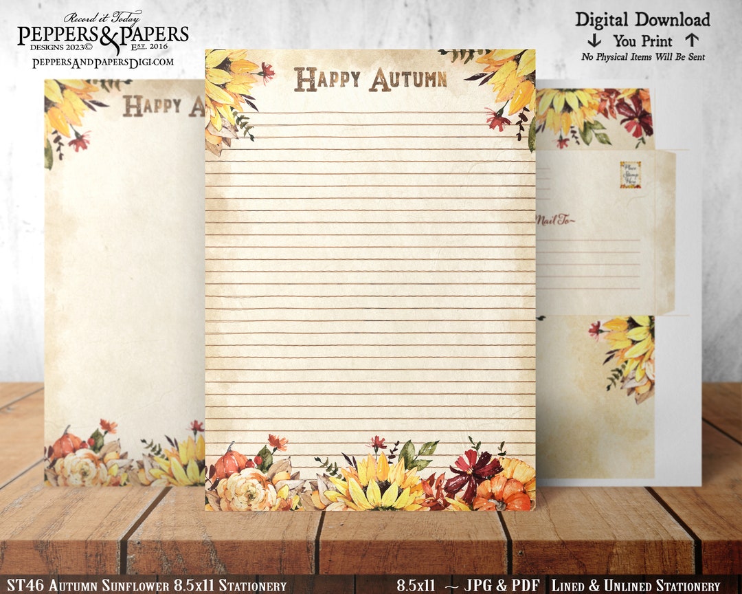 Autumn Sunflower Writing Paper, Printable Stationery Set, Scrapbooking ...