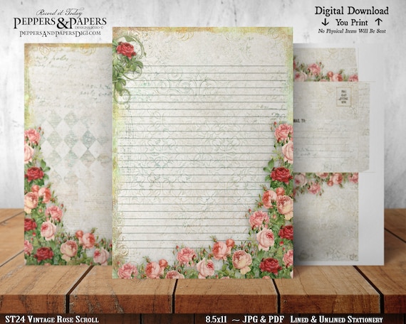 Roses Printable Letter Writing Paper Instant Download PDF Lined Unlined ...