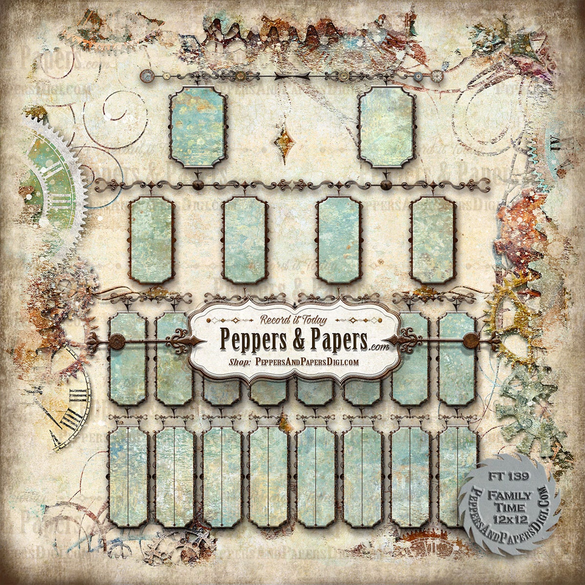 Family Time Vintage Clock, Instant Download, Textured 12x12 Family Tree ...