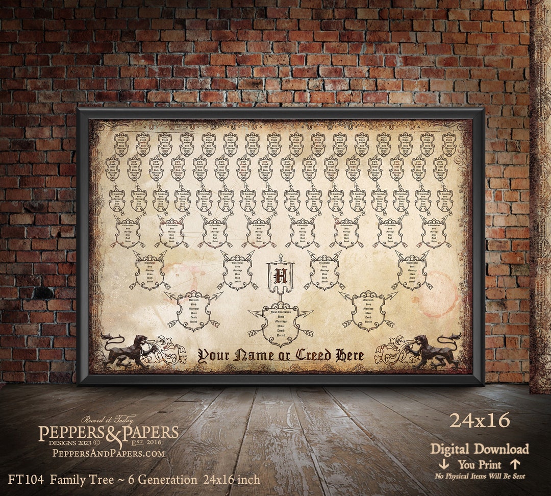 Family Tree 6 Generation Pedigree Template, 24x16 Inch Fathers Day Gift ...