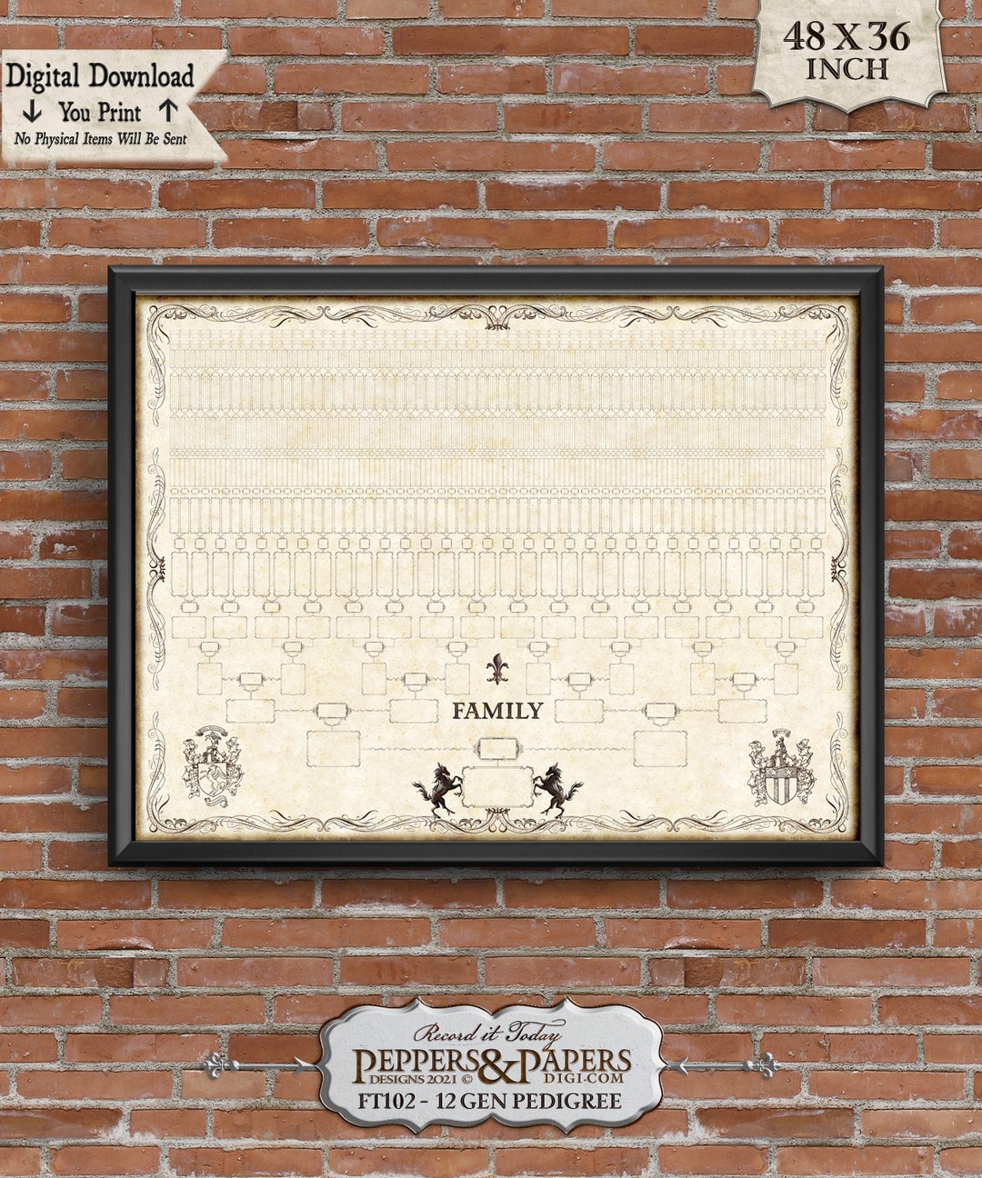 Family Tree Chart, 12 Generation Pedigree, YOU PRINT, 48x36, Genealogy ...